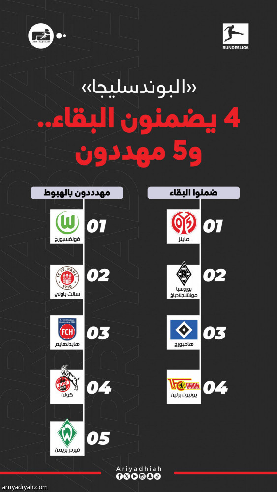 «البوندسليجا».. 4 يضمنون البقاء و 5 مهددون | صحيفة الرياضية